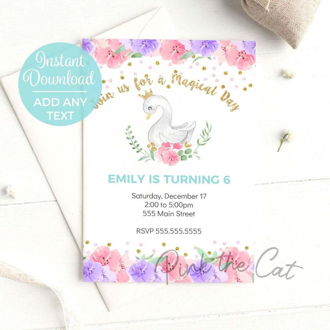 ON SALE Printable Swan Invitation, Princess Swan Invitation Pink , Swan ...