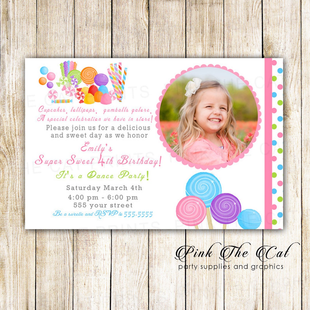 Candy Birthday Invitation, Candy Theme Party, Candy Photo Invitations ...