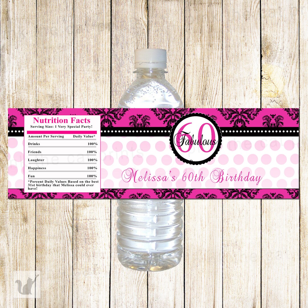 Printable Personalized Dainty Damask Hot Pink Birthday Water Bottle ...