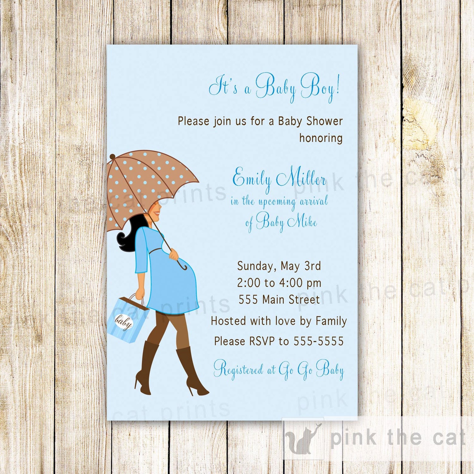 ON SALE Umbrella Invitation - Pregnant Woman Invitation Blue Brown ...