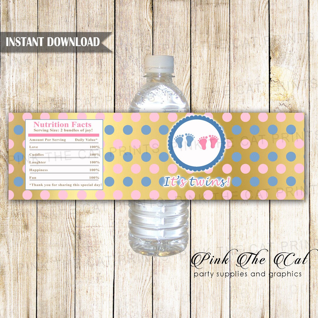 Girl Boy Twins Water Bottle Label Twins Baby Shower Bottle Label Gold ...