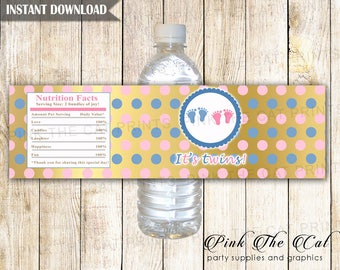 Twins Baby Shower Favors Water Bottle Labels Half Wrap Design Glossy ...