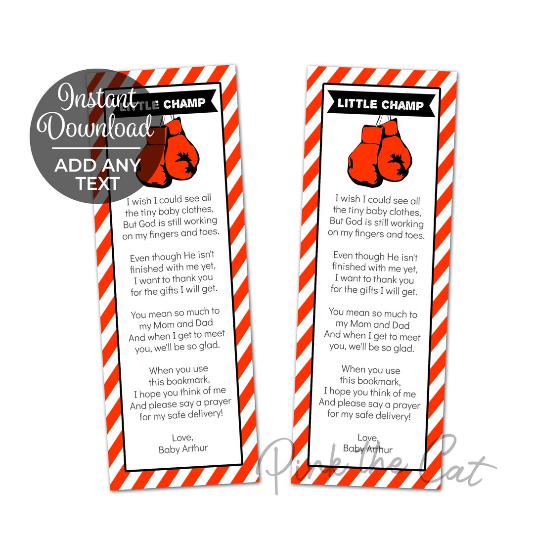 Boxing Bookmark Baby Boy Shower Favors Red and Black Template, Instant ...