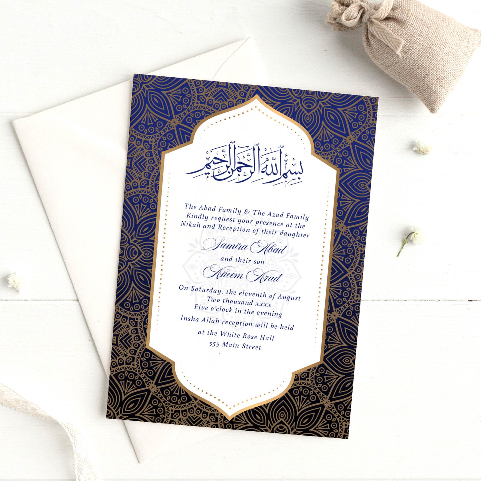 Nikah Invitation, Walima Ceremony Invitation Blue Gold Wedding ...