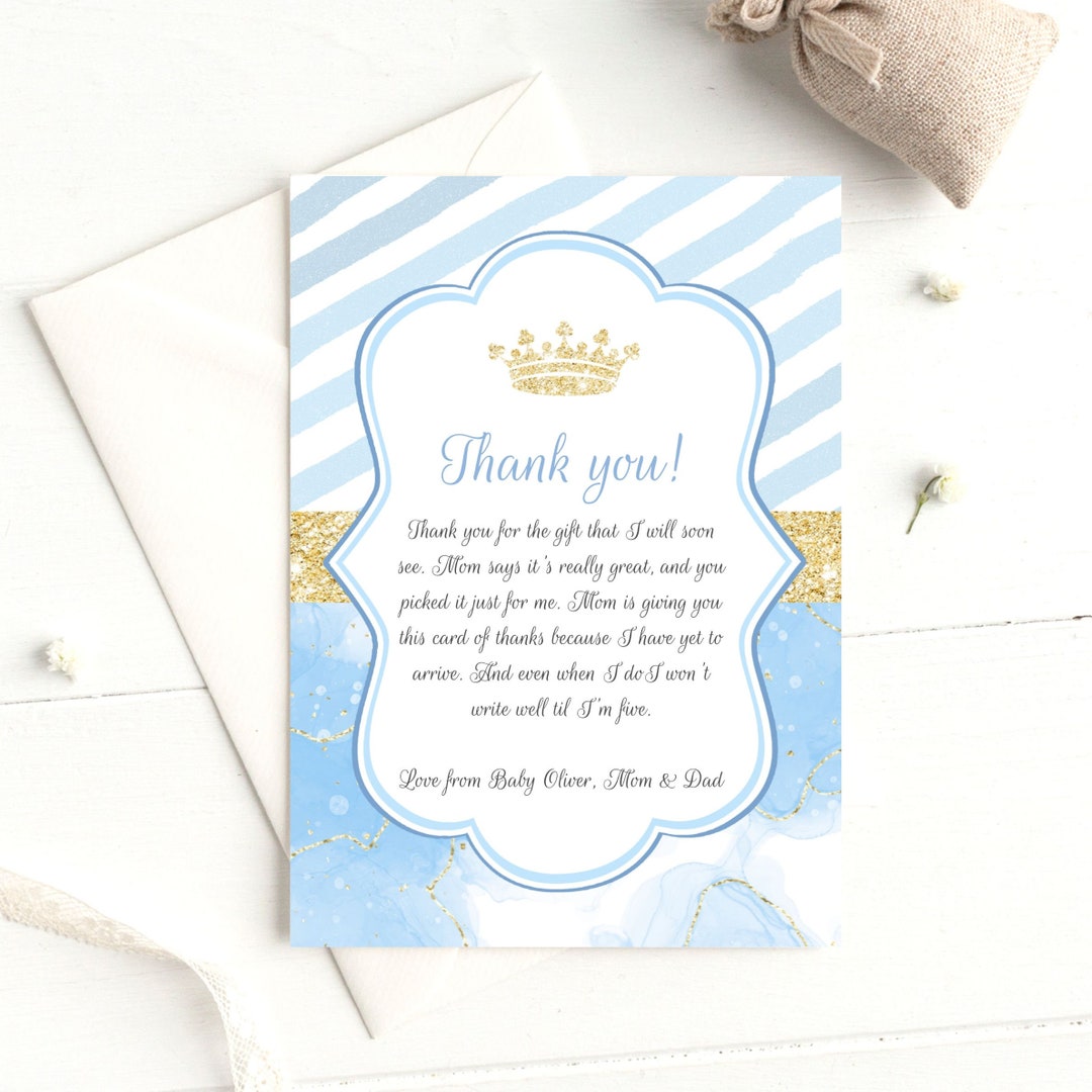 Prince Thank You Card, Prince Thank You Note, Gold Glitter Blue Prince ...