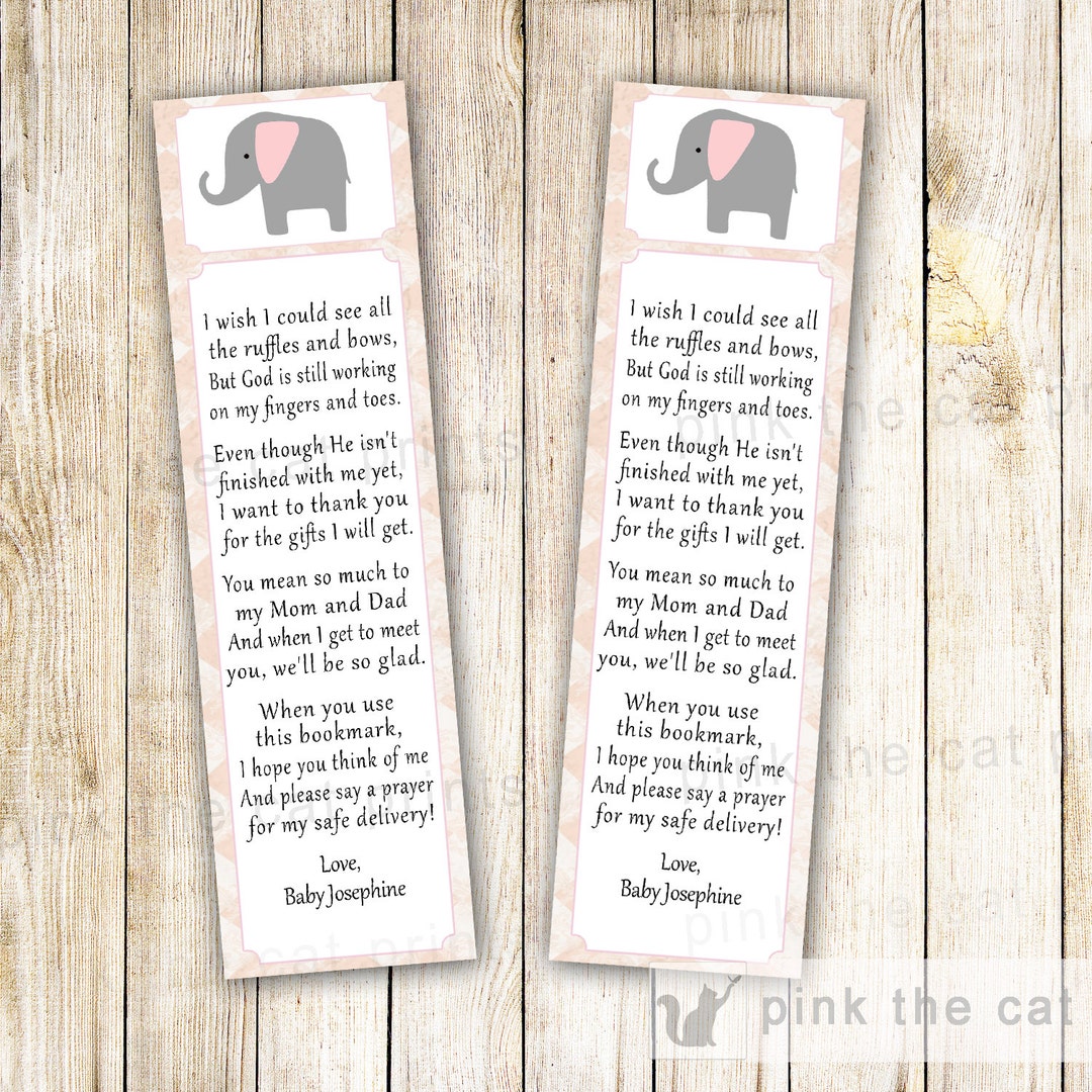 Elephant Bookmark Party Favor - Baby Girl Shower Printable File ...