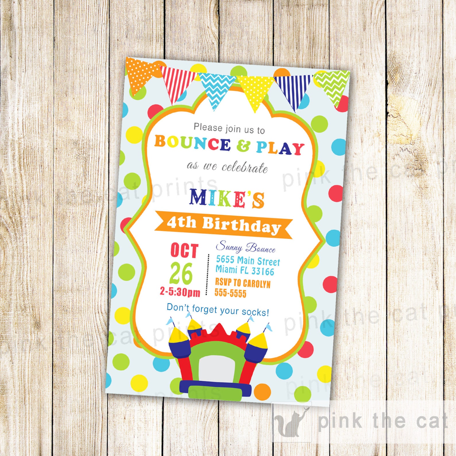 Bouncing Birthday Party Invitation - Bounce Castle Colorful Polka Dots ...