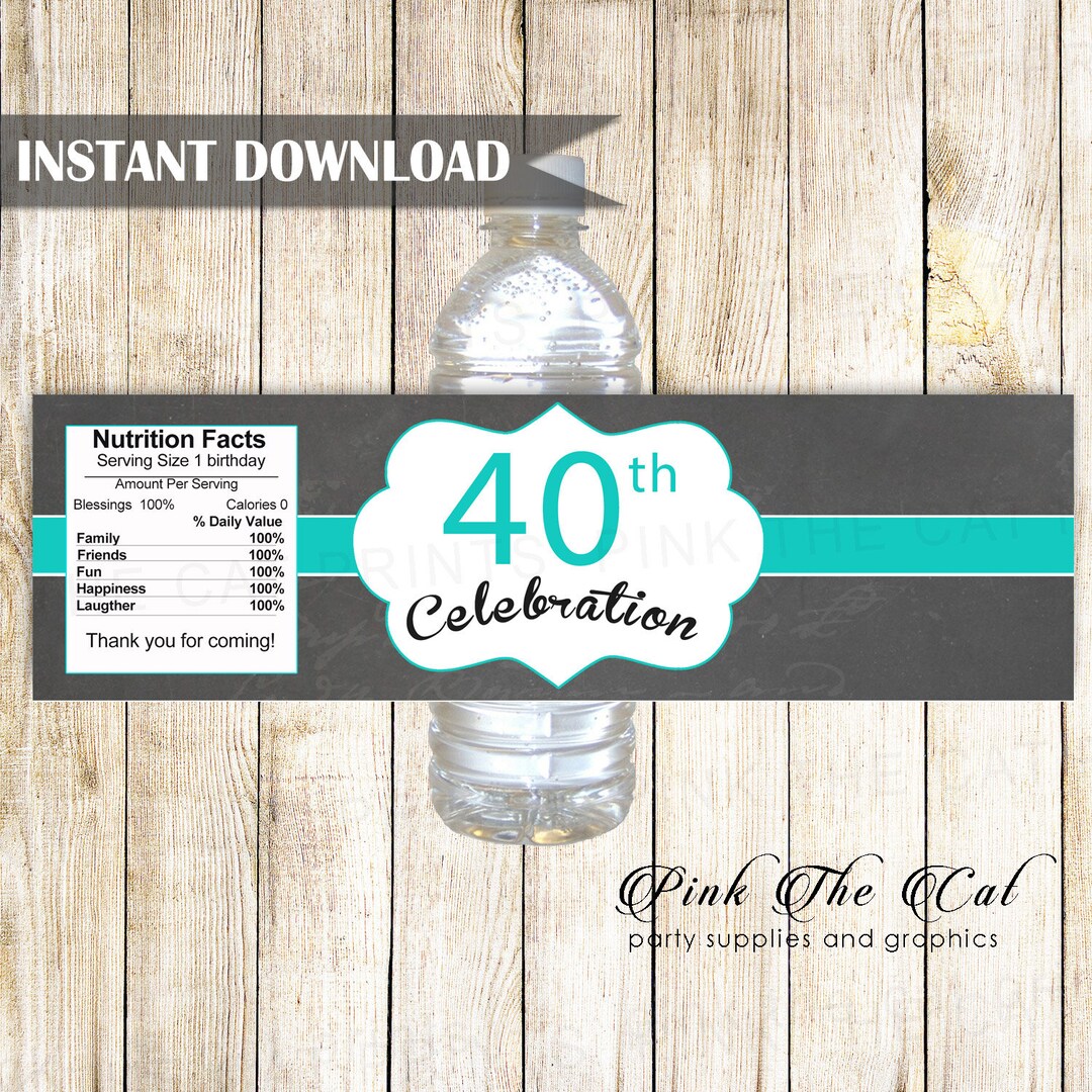 40th Birthday Water Bottle Label, Teal Black Chalkboard Bottle Stickers ...