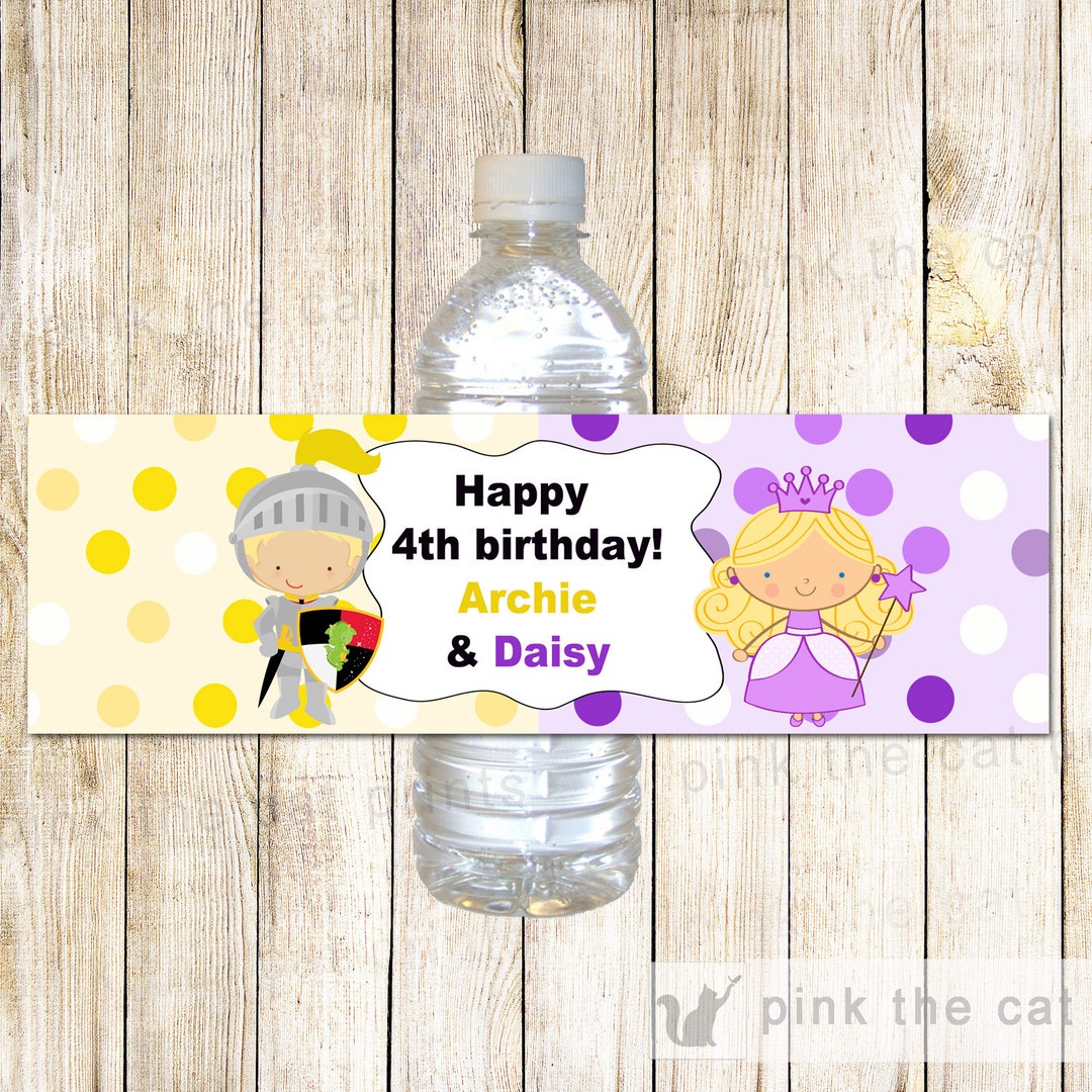 Prince Princess Bottle Label Princess Knight Kids Birthday Water Bottle ...