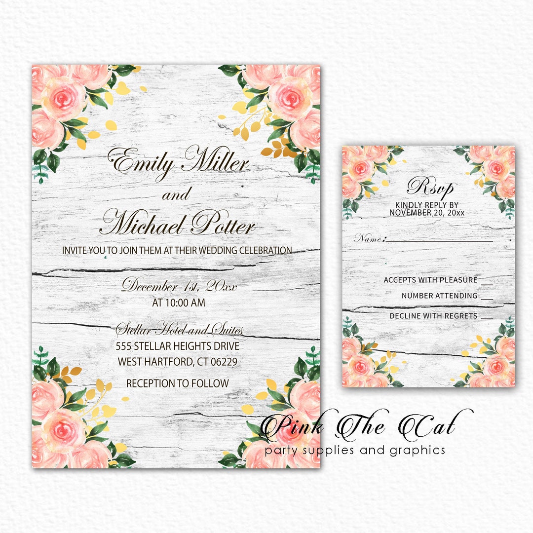 Rustic Wedding Invitation - Blush Pink Gold Wedding Invitation Card ...