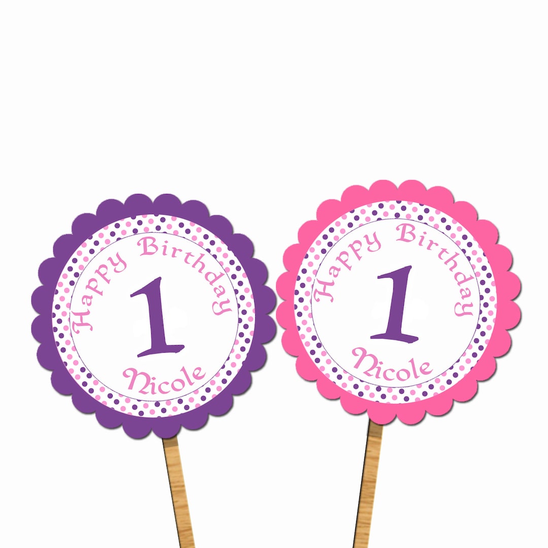Purple Pink Polka Dots Birthday Cupcake Topper - Printable Personalized ...