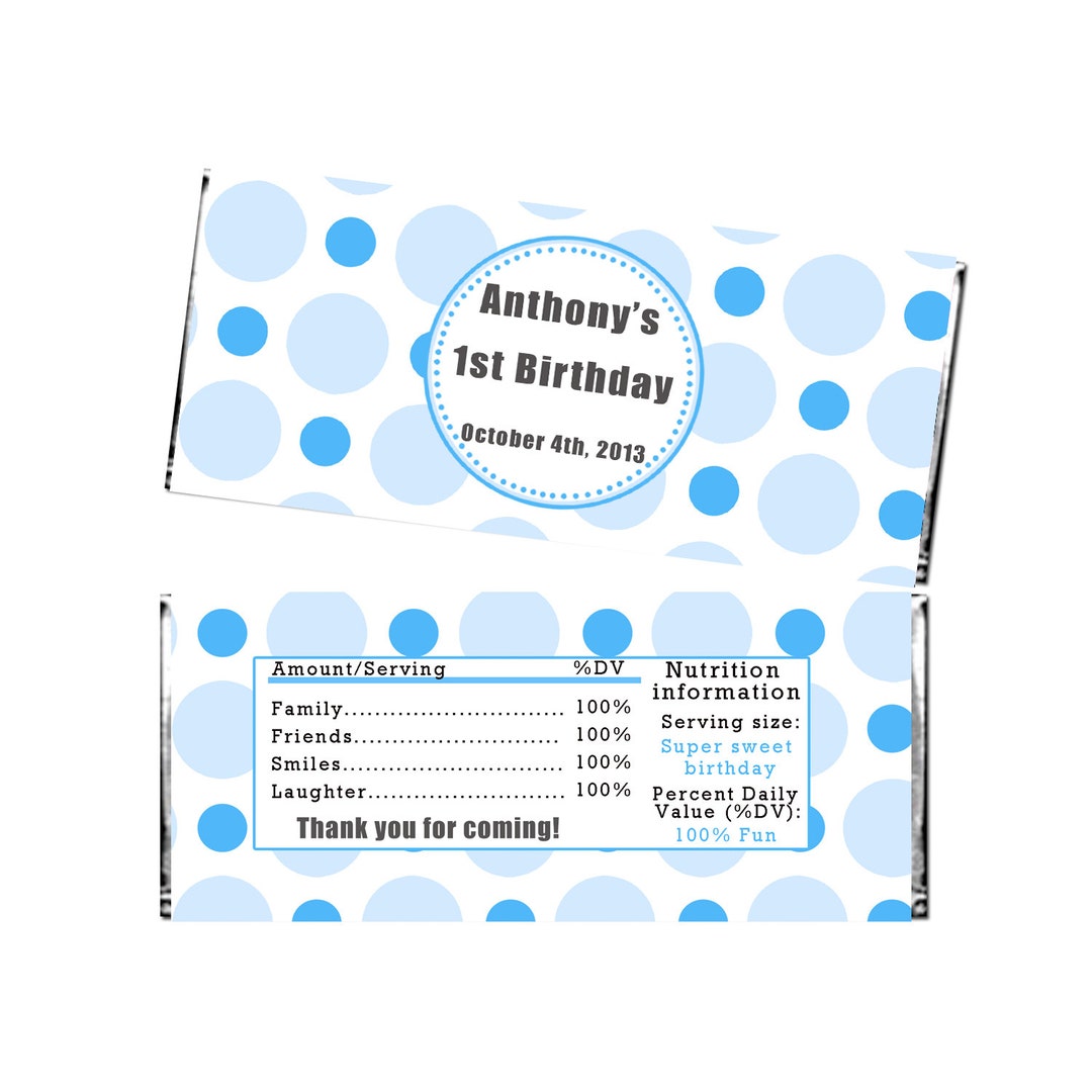 Printable Personalized Polka Dots Blue Birthday Party Candy Bar ...