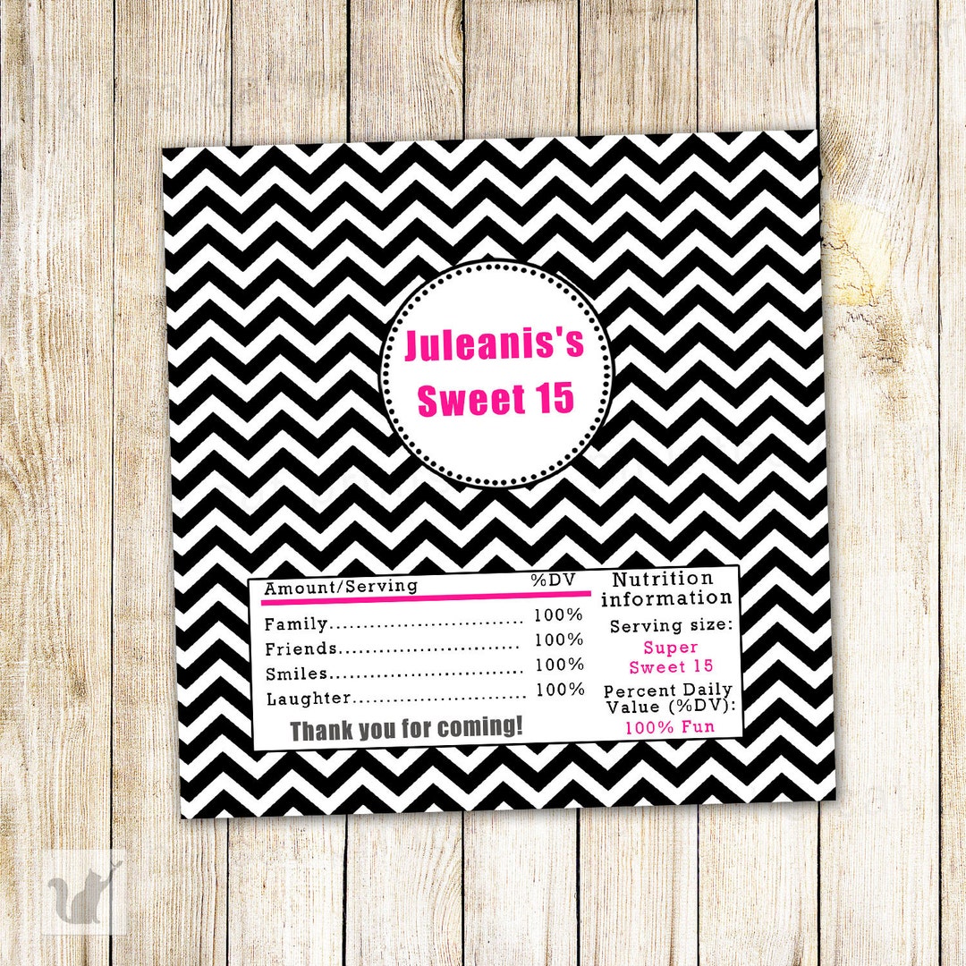 Sweet 16 or Quinceanera Candy Bar Label Pink Black Birthday Party ...
