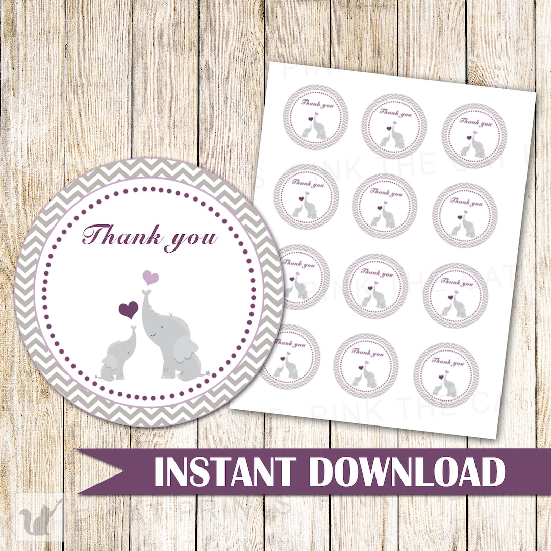 Elephant Favor Labels Grey Purple Chevron Gift Favor Thank You Tag Baby ...