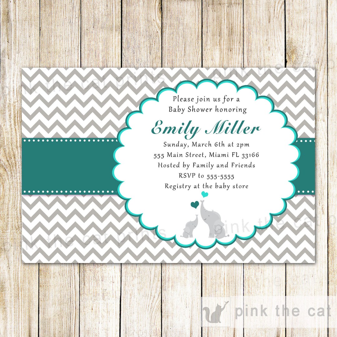 Chevron Baby Shower Invitation Card Cute Elephant Teal Unisex Shower ...