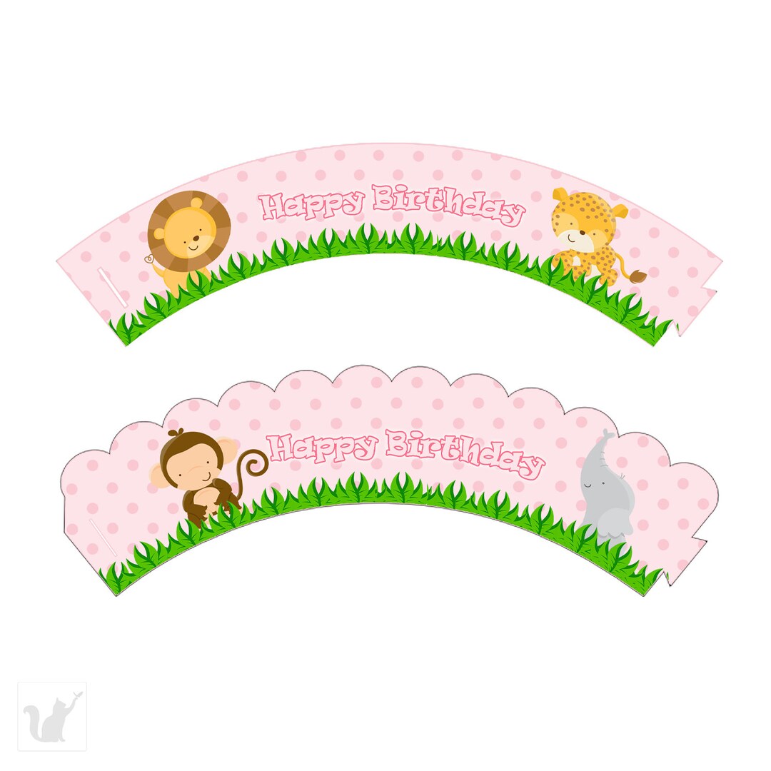 Jungle Pink Polka Dots Happy Birthday Cupcake Wrappers - Animal Safari ...