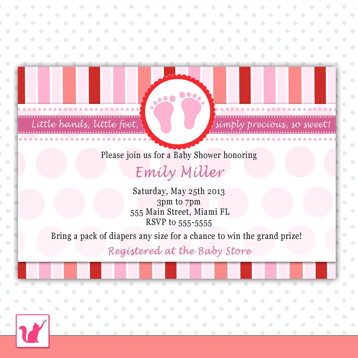 Pink Red Baby Shower Invitation Striped Baby Shower - Etsy