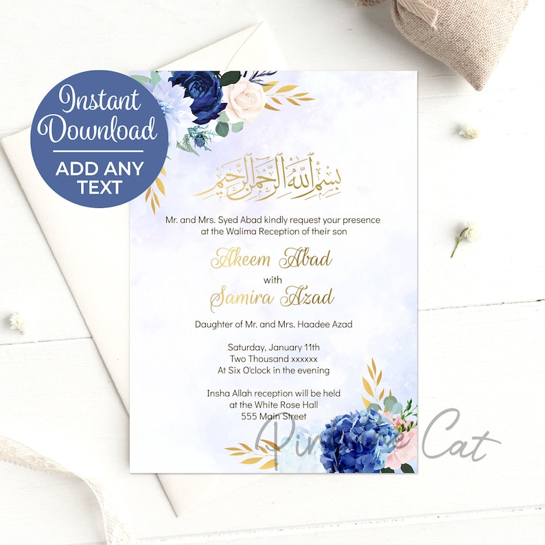 Floral Blue and Gold Walima Reception Invitation or Nikah, Mehndi ...