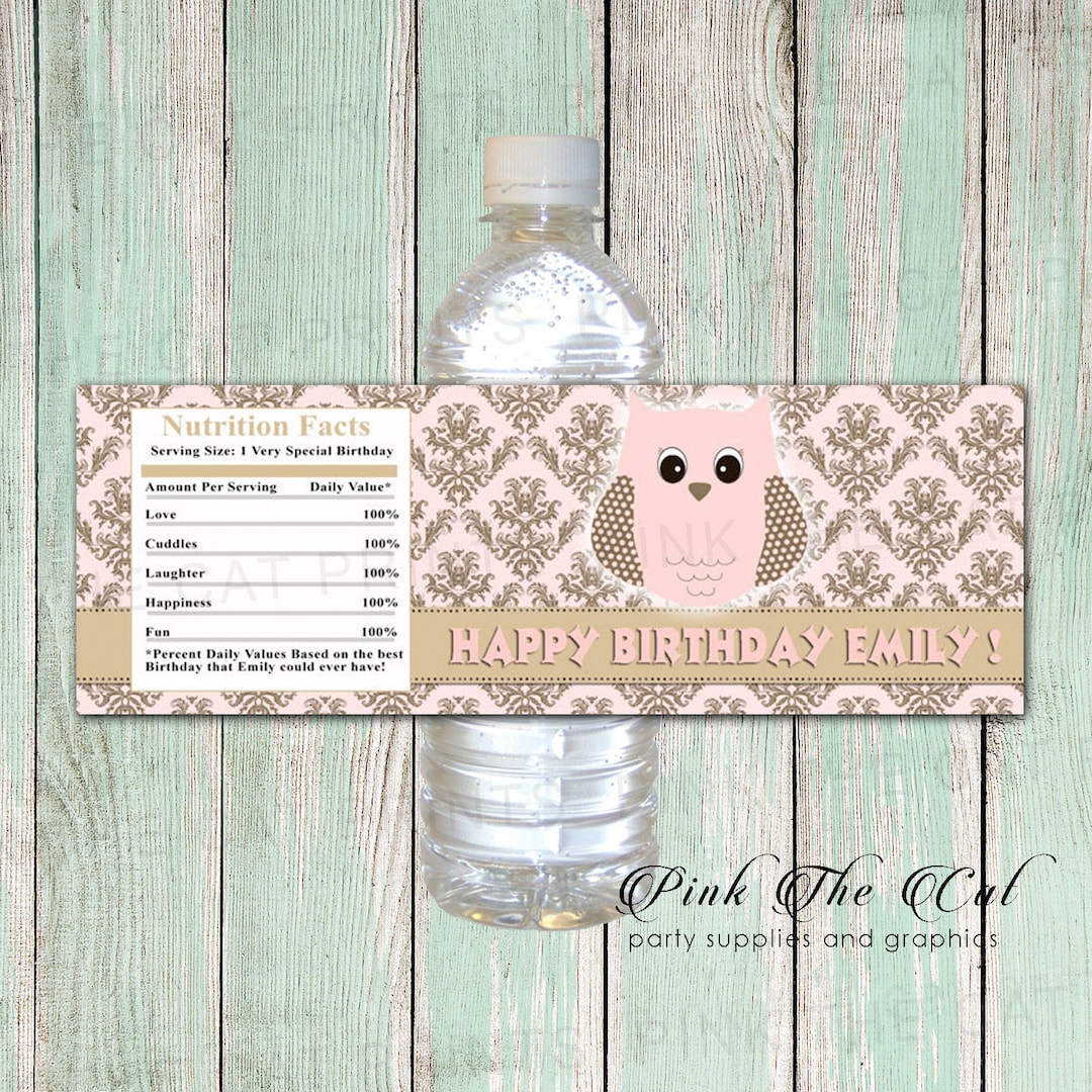Owl Water Bottle Labels, Pink Gold Owl Bottle Labels, Printable Owl ...