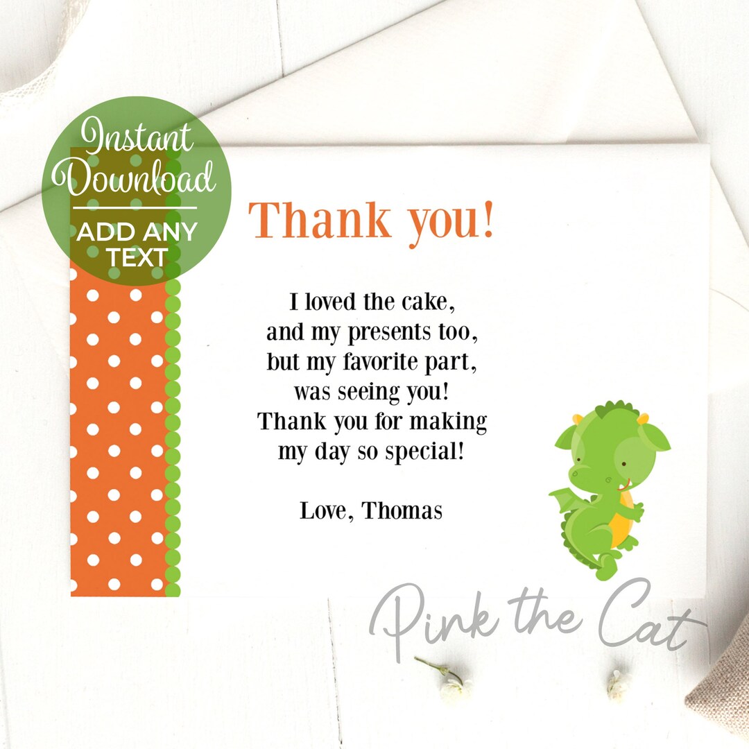 Dragon Thank You Card Printable Template Orange and Green, Ideal for ...