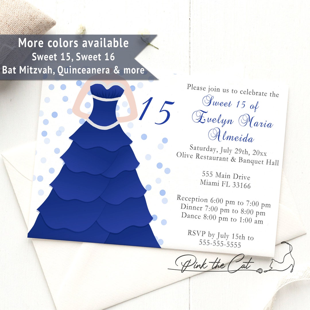Fancy Dress Birthday Invitation, Blue Dress Sweet 16 Invitation, Blue ...