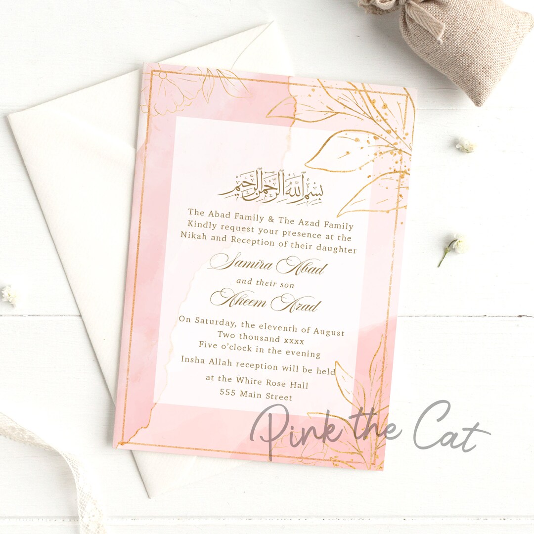 Nikah Invitation, Valima Reception Blush Pink Gold Wedding Invitation ...