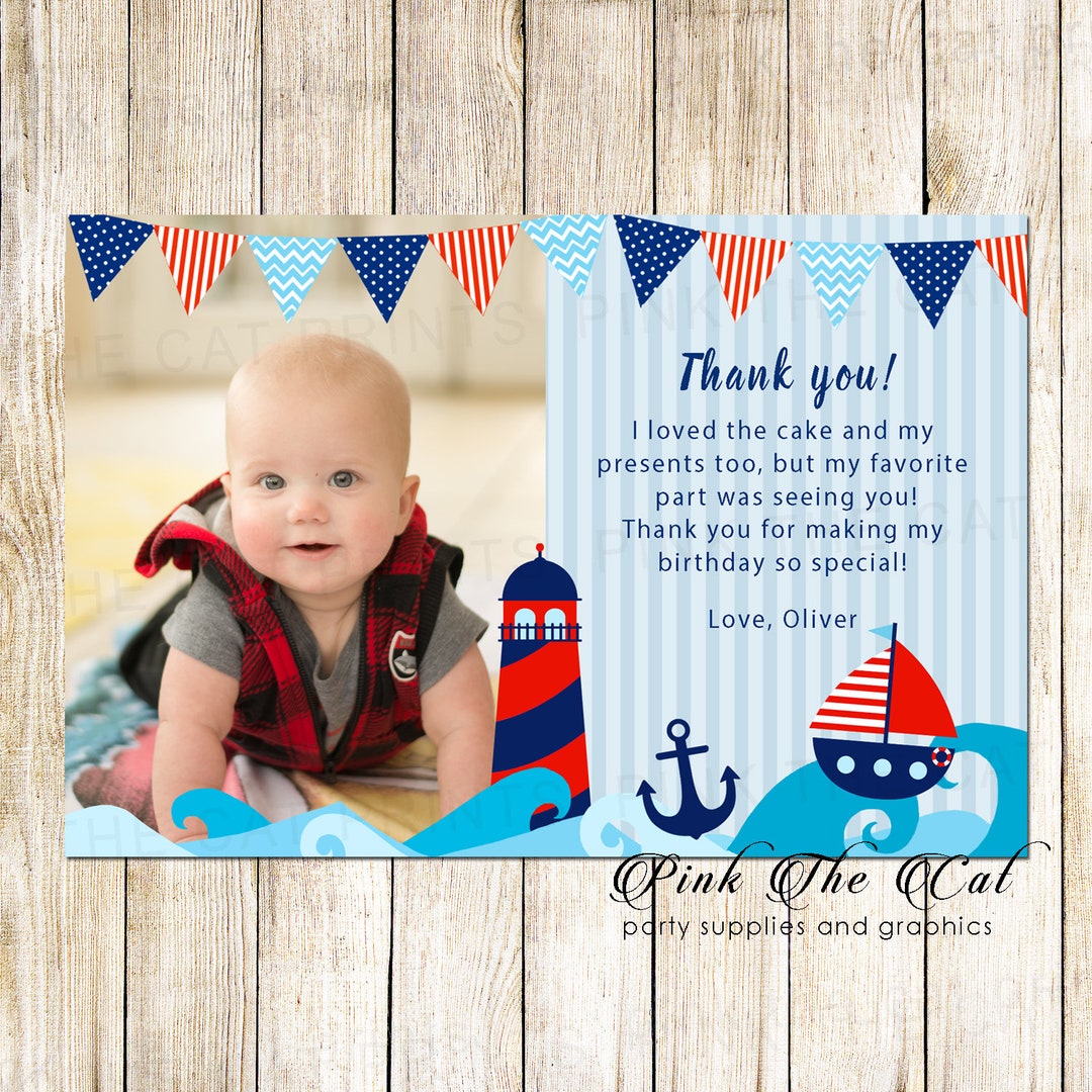 Nautical Thank You Note - Boy Birthday Party Greeting Card With Picture ...