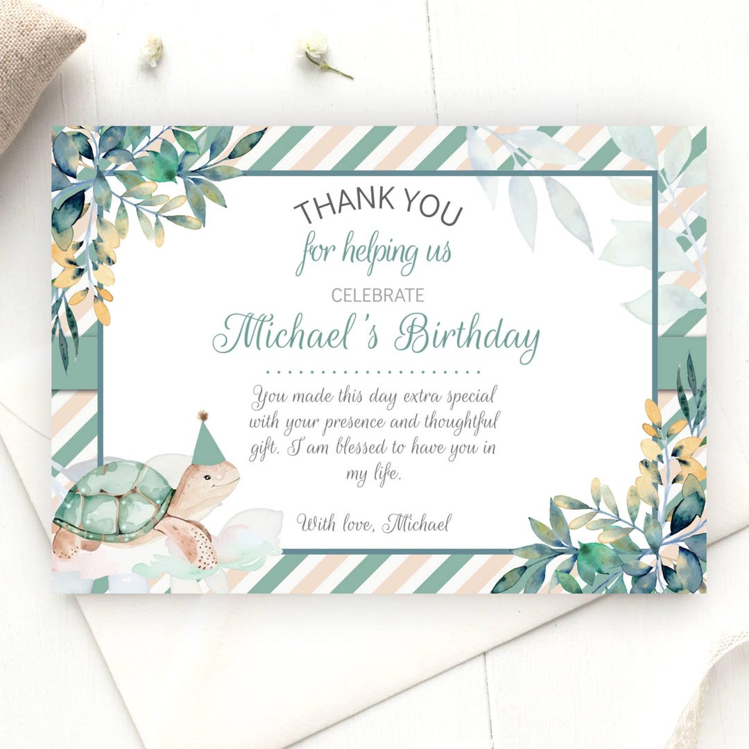 Turtle Thank You Card for Boy Birthday Party, Turtle Birthday Card ...