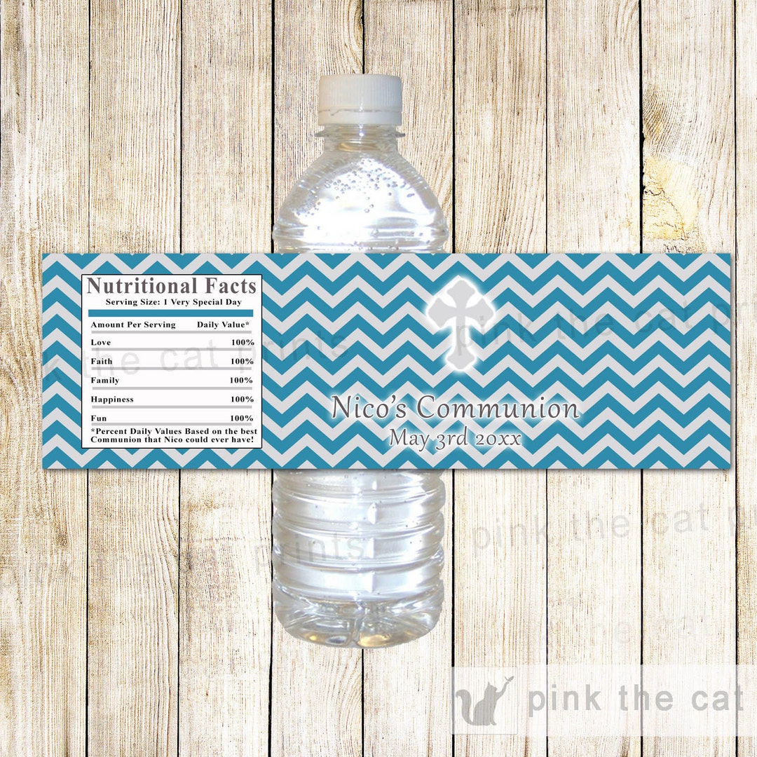 Printable Personalized Teal Gray Chevron Christening Water Bottle Label ...