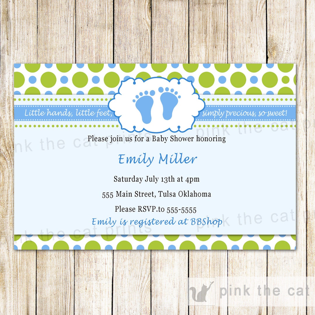 Footprints Invitation Baby Boy Shower Green Blue, Printable Invitation ...