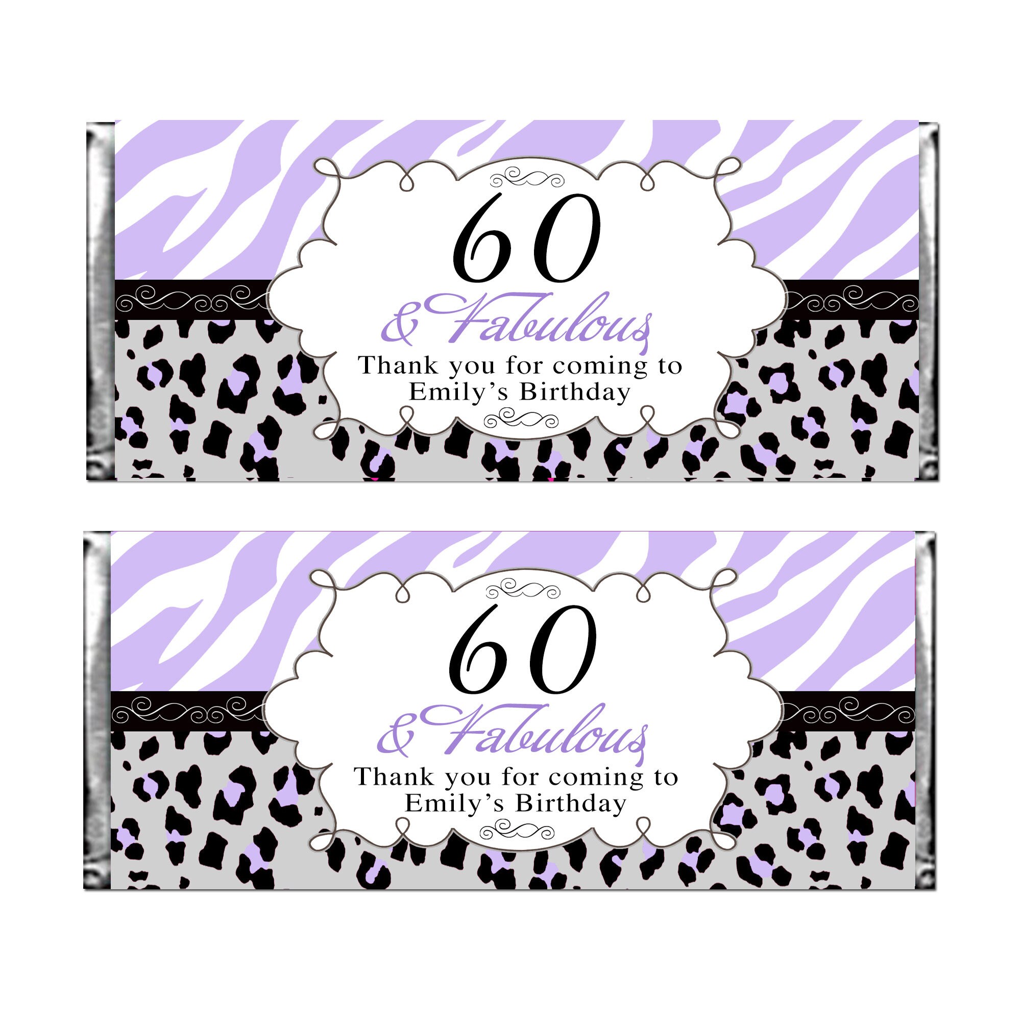 Adult Birthday Candy Bar Wrapper Any Age, Black Lavender Animal Print ...