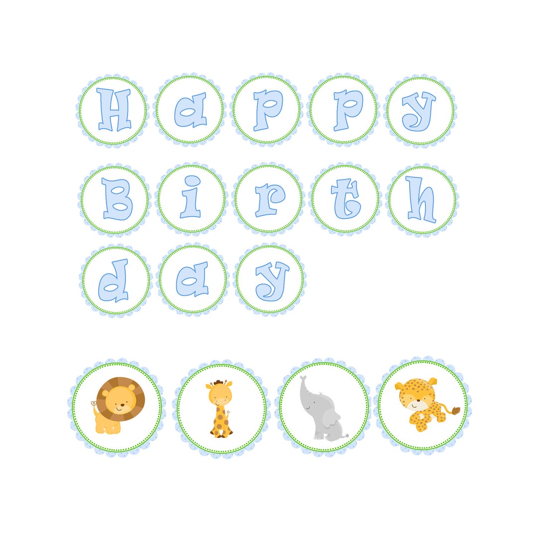 Boy Birthday Banner - Blue Jungle Lion Giraffe Elephant Leopard ...