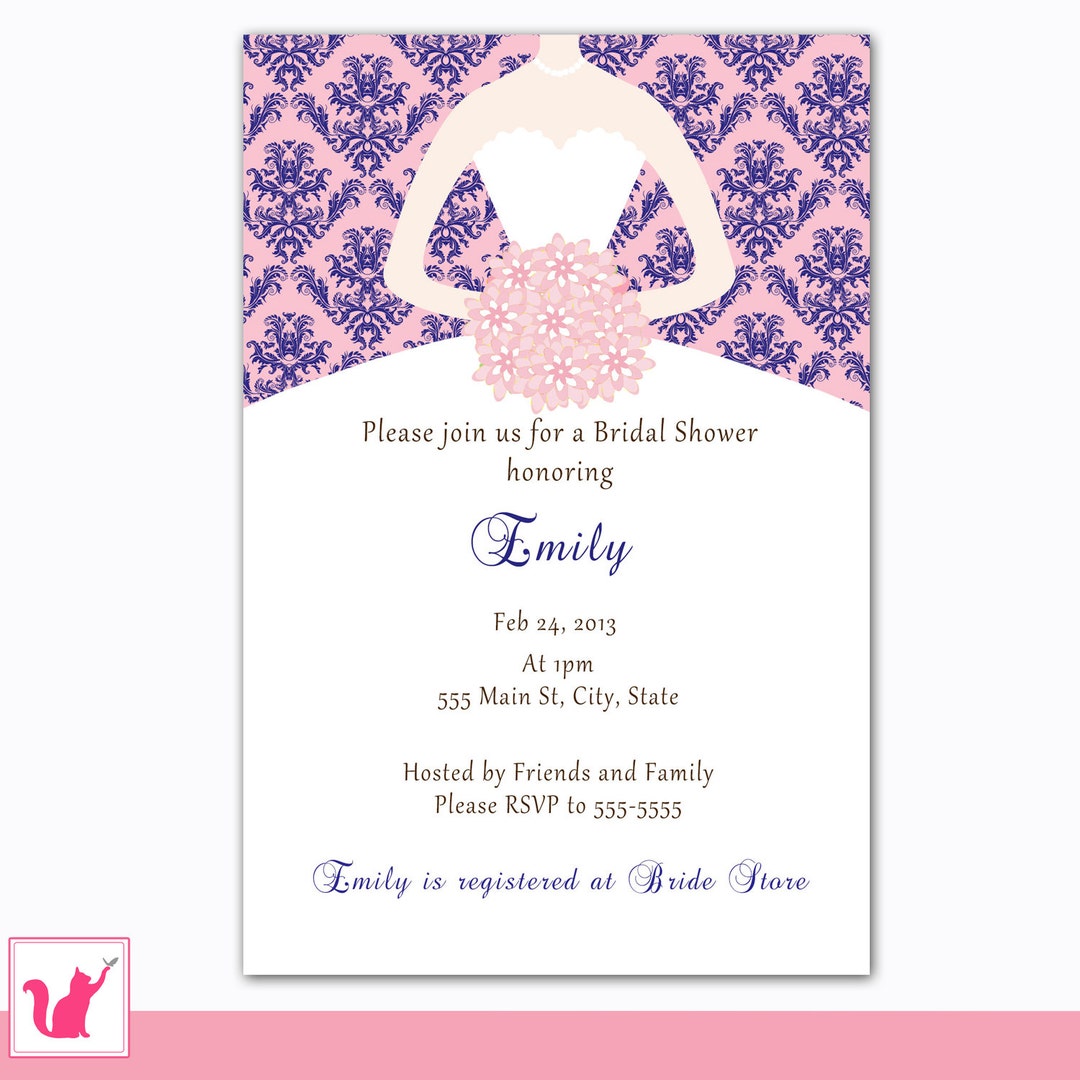 Damask Blue Pink Invite Navy Blue Pink Invitation Bridal Shower ...
