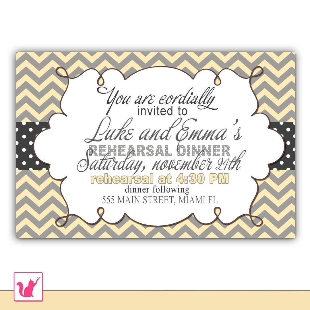 Printable Personalized Yellow Grey Chevron Rehearsal Dinner Invitation ...