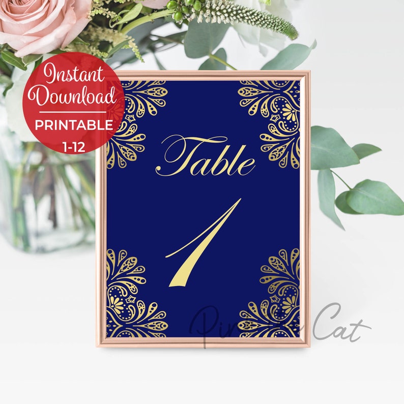 Floral Number Table Cards Navy Blue Gold Wedding Table Decorations ...