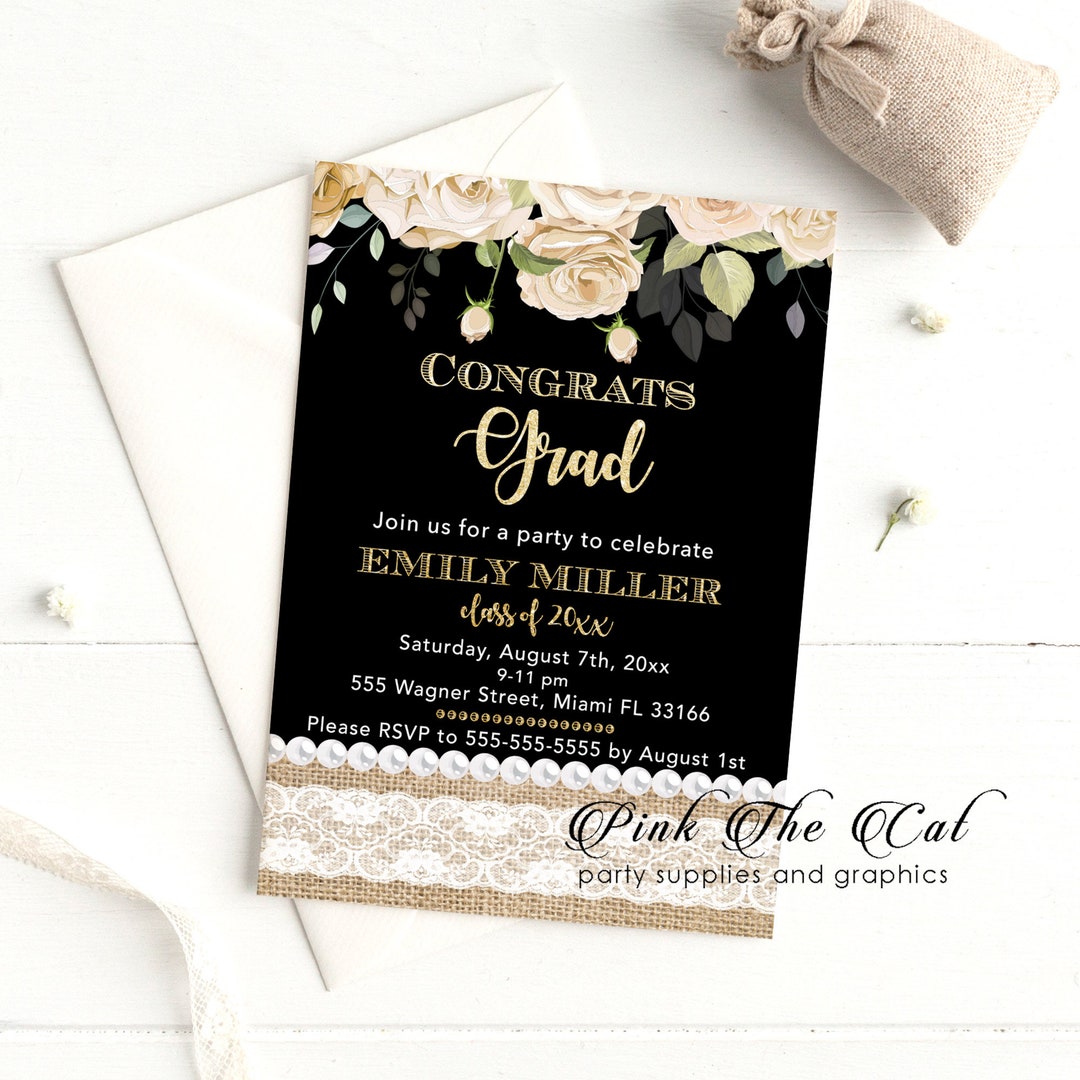 30 Rustic Graduation Invitations Gold Burlap Lace, Floral Invitation ...