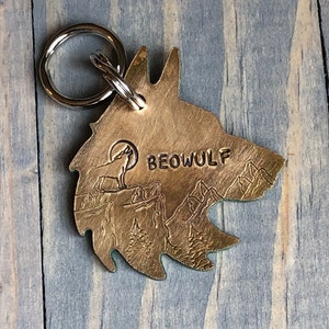 Custom Wolf Head Dog Tag, Hand Stamped Pet ID, Personalized Dog Tag for ...