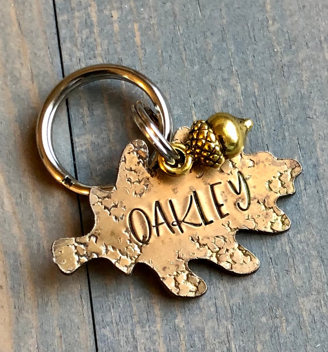 Custom Oak Leaf Dog Tag, Leaf Hand Stamped Pet ID With Optional Acorn ...