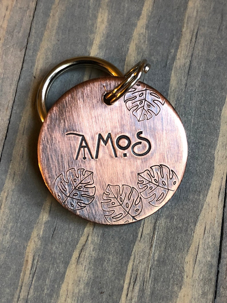 Name Tag for Dog Hand Stamped Pet ID Tag Tropical Leaves | Etsy