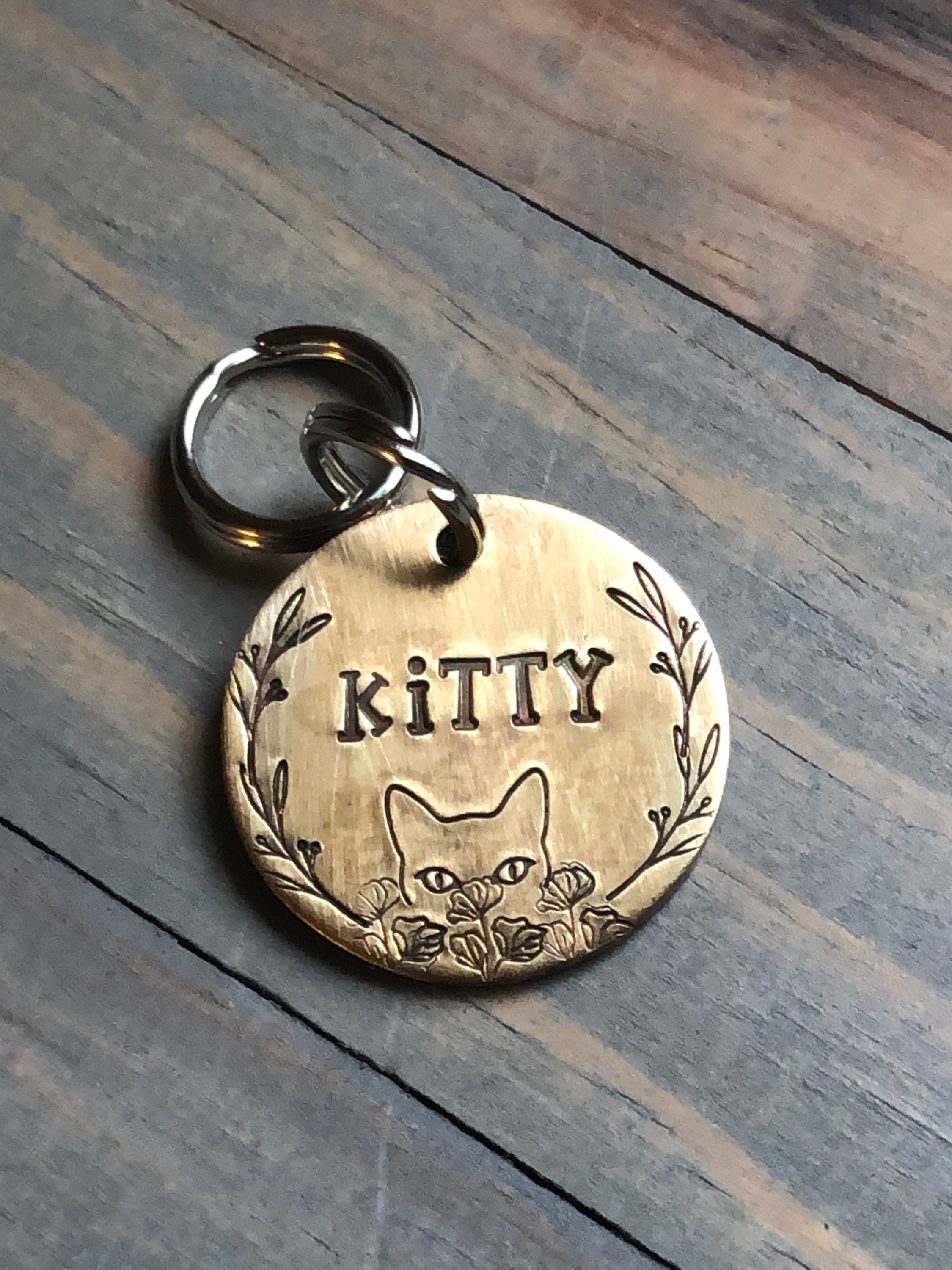 Name Tag for Cat, Hand Stamped Pet ID Tag, Kitty, Personalized Cat Tag ...