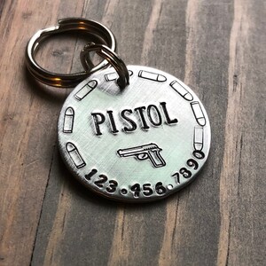 Gun Name Tag for Dog, Hand Stamped Pet ID Tag With Bullets, Dog Tag for ...