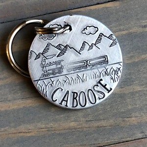 Name Tag for Dog, Hand Stamped Pet ID Tag, Train Dog Tag, Caboose, Dog ...