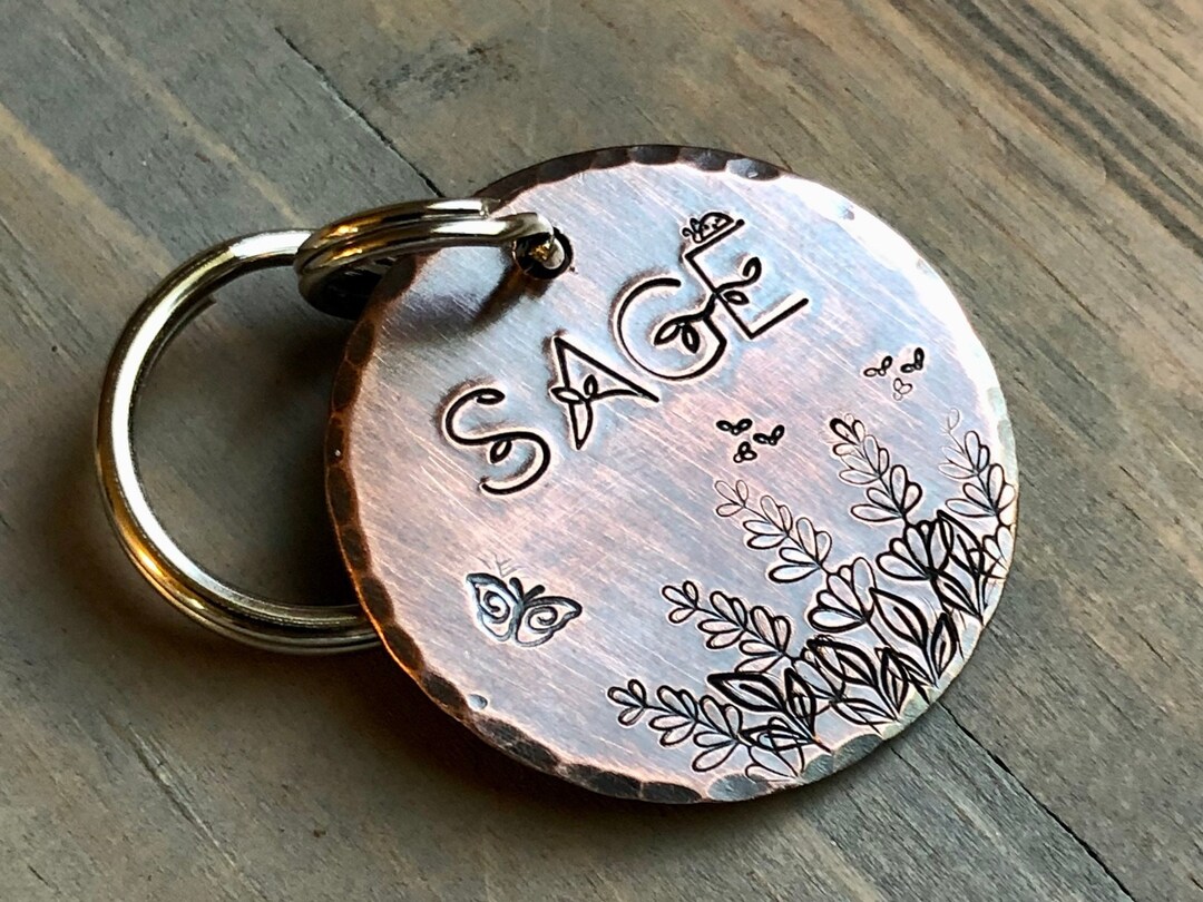 Name Tag for Dog With Flowers, Hand Stamped Pet ID Tag W/ Butterfly ...