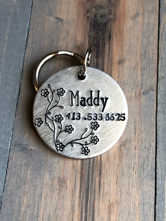 Name Tag for Dog Hand Stamped Pet ID Tag Cherry Blossoms | Etsy