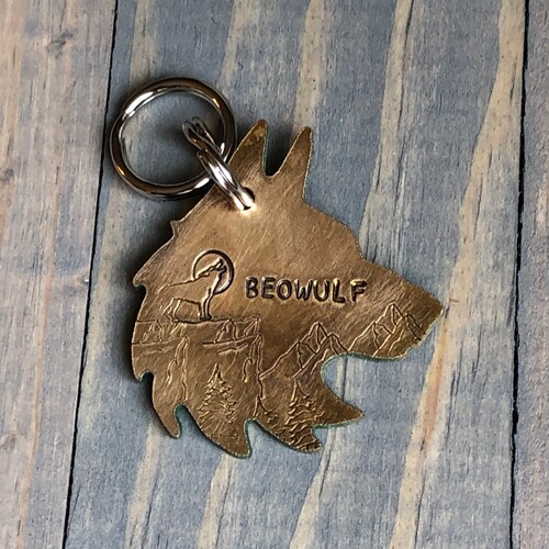 Custom Wolf Head Dog Tag Hand Stamped Pet ID Personalized - Etsy