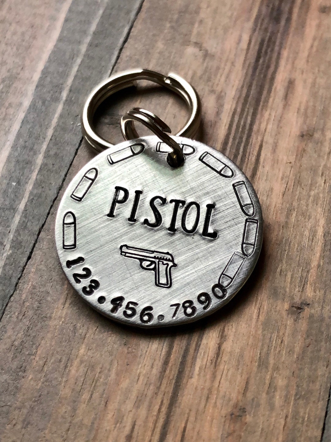 Gun Name Tag for Dog, Hand Stamped Pet ID Tag With Bullets, Dog Tag for ...