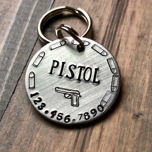 Gun Name Tag for Dog, Hand Stamped Pet ID Tag With Bullets, Dog Tag for ...