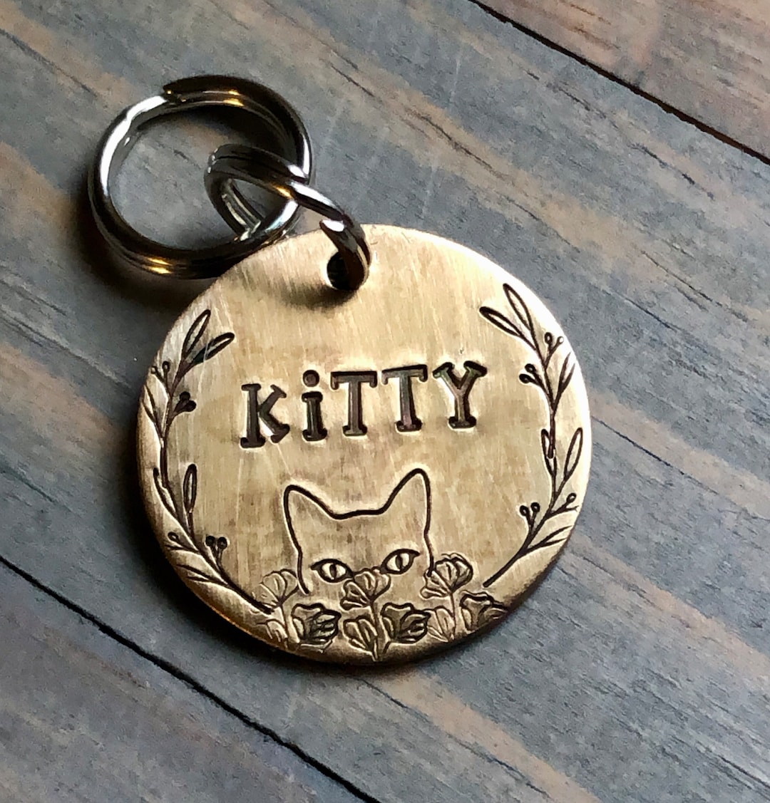 Name Tag for Cat, Hand Stamped Pet ID Tag, Kitty, Personalized Cat Tag ...