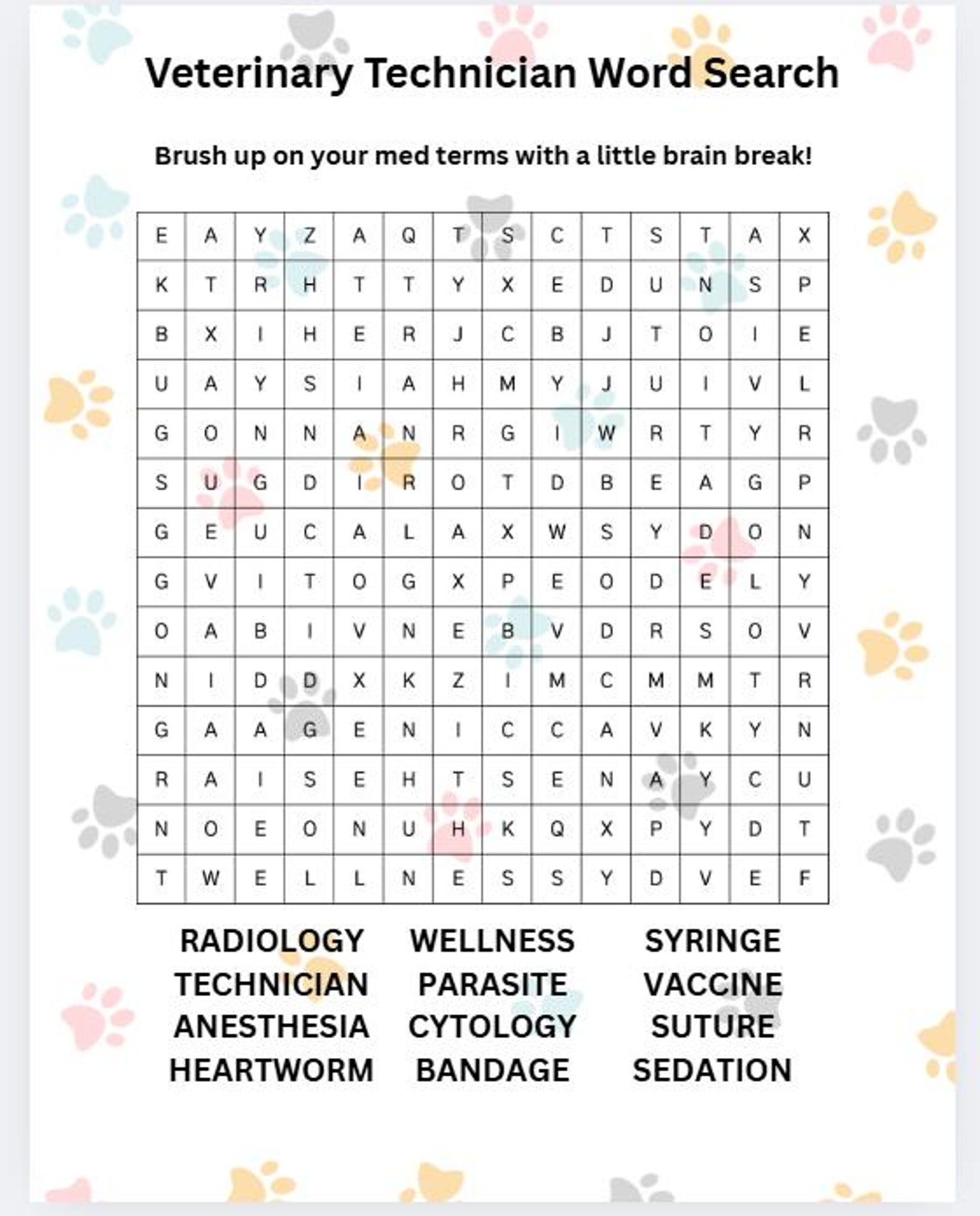 Vet Tech Word Search Printable – Veterinary Medical Terms Brain Game ...