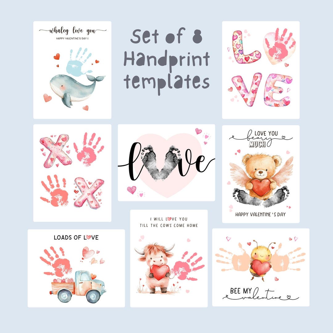 Valentines Day Handprint & Fotprint Templates Set of 8: Kids Hand and ...
